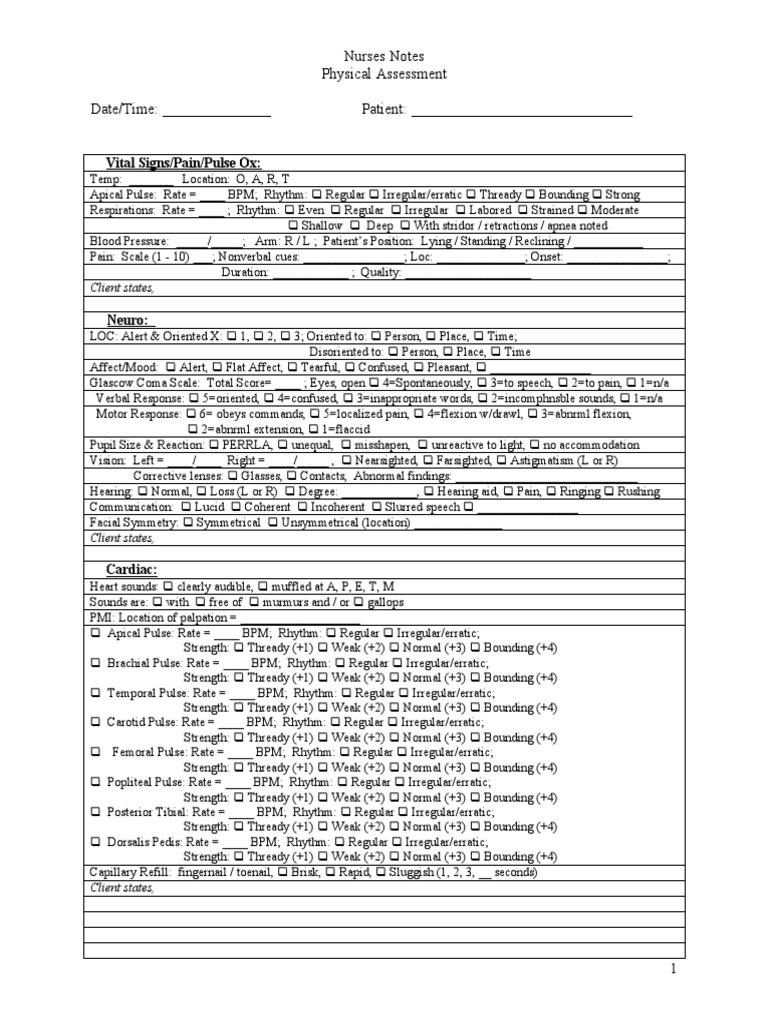 Physical Assessment Checklist | PDF | Pulse | Urinary Incontinence