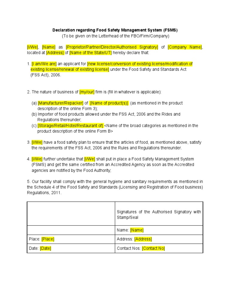Fsms Declaration | PDF
