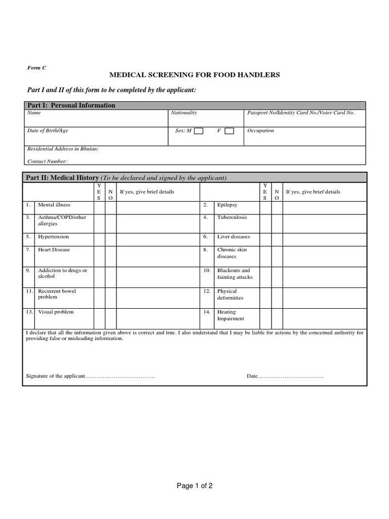 Food Handlers Medical Screening Form | PDF | Medical Specialties ...