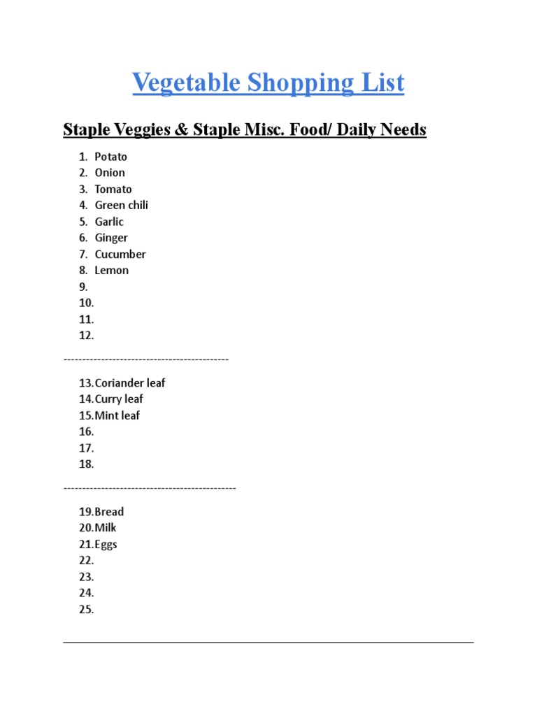 Vegetable & Grocery Shopping List | PDF