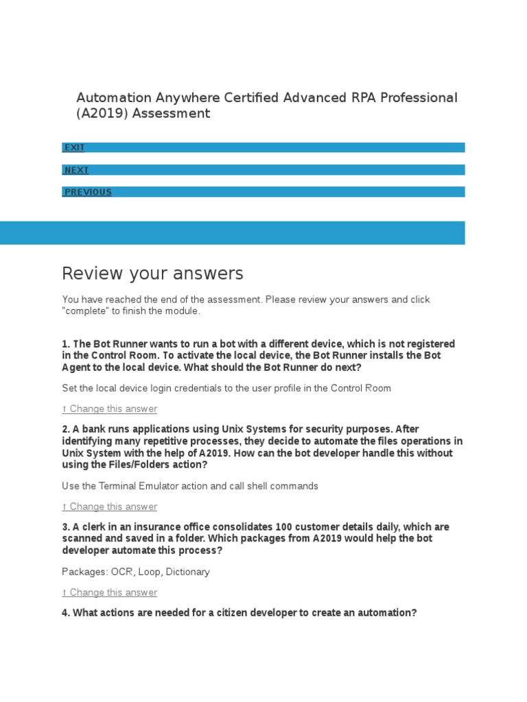 Review Your Answers: Automation Anywhere Certified Advanced RPA ...