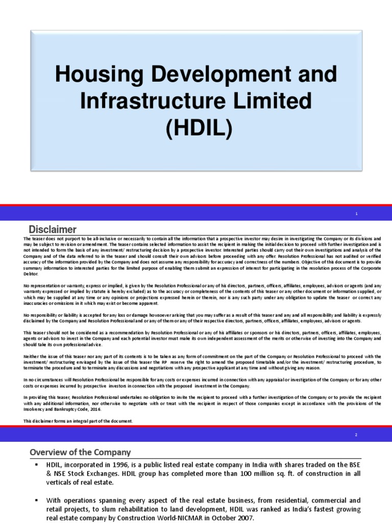 Housing Development and Infrastructure Limited (HDIL) | PDF ...