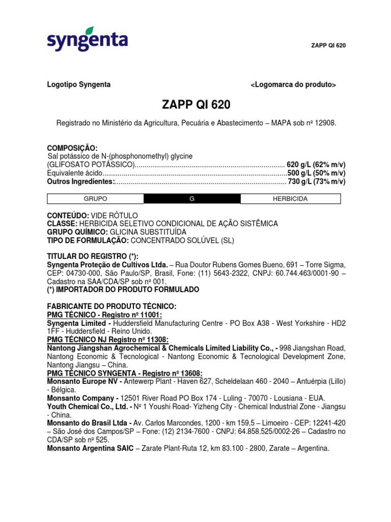 ZAPP QI 620: Informações técnicas sobre um herbicida glifosato à base ...