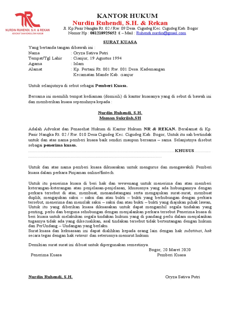 Surat Kuasa Khusus Advokat | PDF