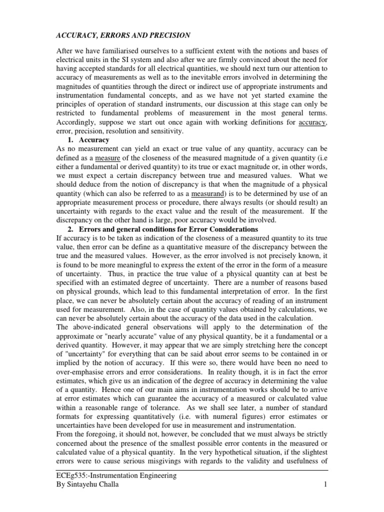 Chapter 1 Accuracy Errors And Precison Pdf Accuracy And Precision Observational Error