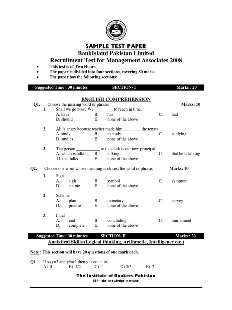 Bank Al Habib GTO Test Sample Paper | PDF