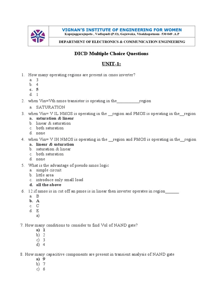 DICD Multiple Choice Questions UNIT-1 | PDF | Logic Gate | Cmos