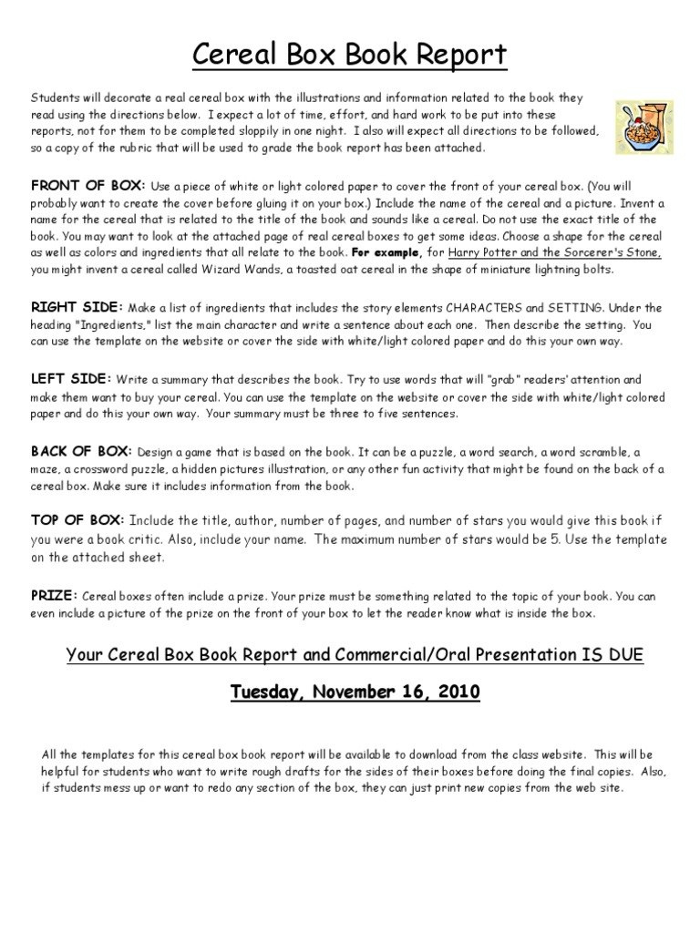 Cereal Box Book Report Packet | PDF | Books | Part Of Speech