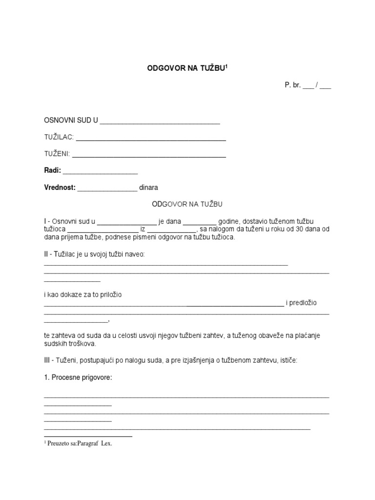 Odgovor Na Tužbu | PDF