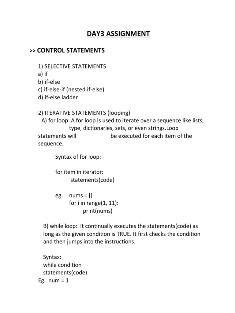 Day3 Assignment: Control Statements | PDF | Control Flow | Array Data Structure