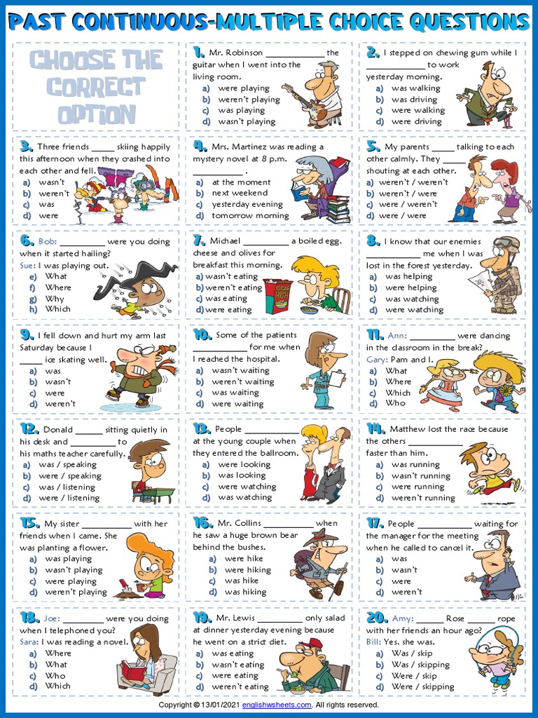 Past Continuous Tense Esl Printable Multiple Choice Questions Worksheet ...