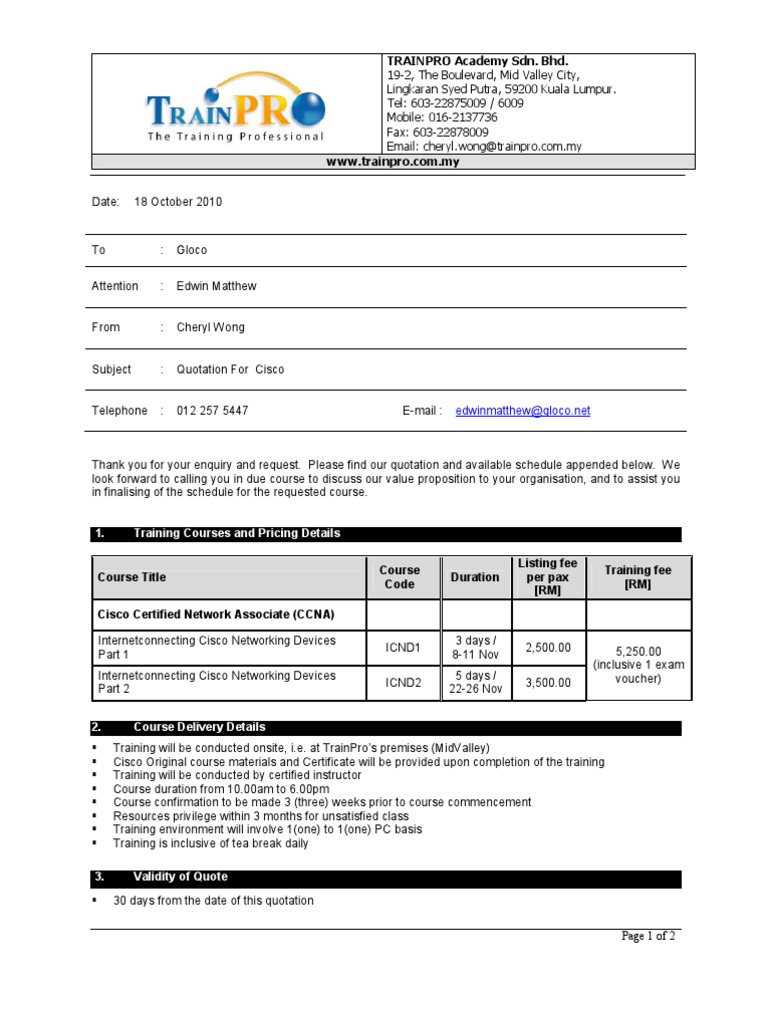 Quotation For Cisco Networking Courses | PDF | Cisco Certifications ...