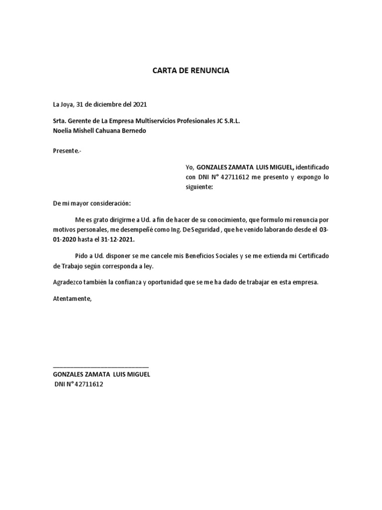 Carta de Renuncia Trabajador Multipro | PDF