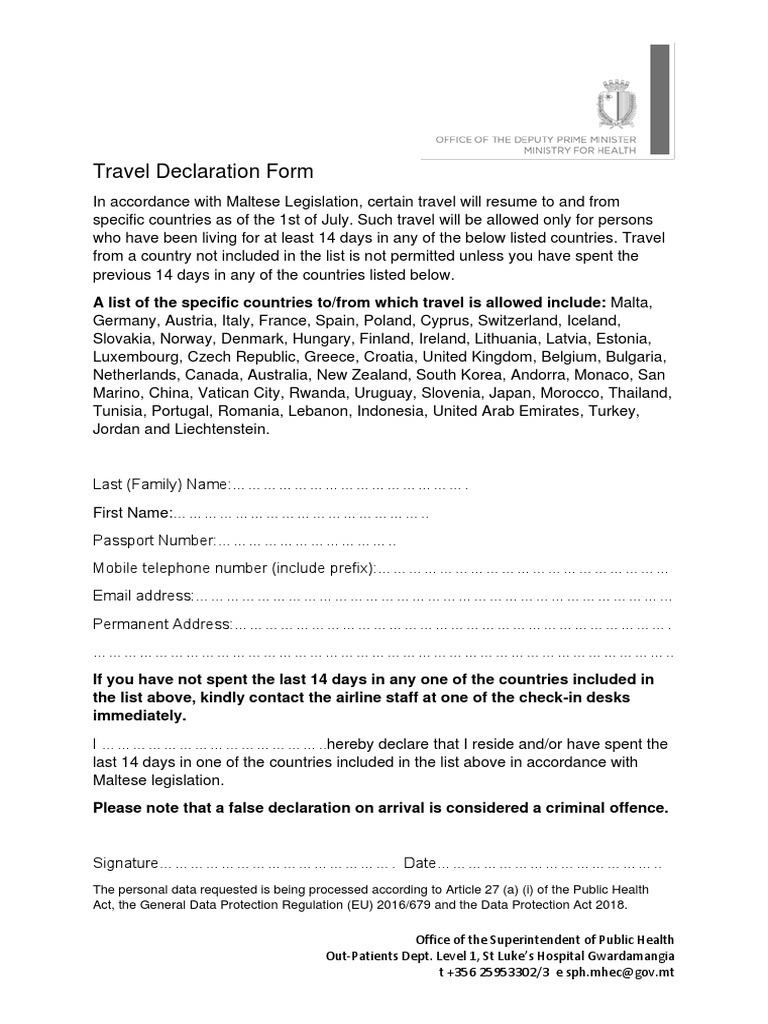 Malta Public Health Travel Declaration Form 2020 - RZA - Updated | PDF ...