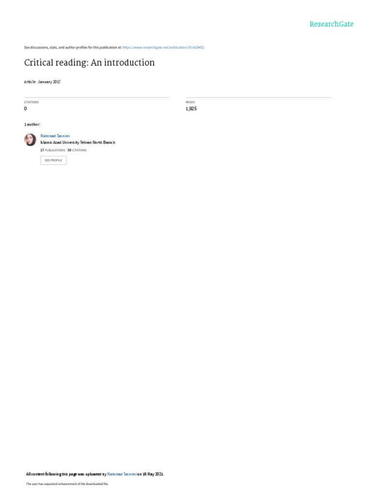 Critical Reading: An Introduction | PDF | Argument | Critical Thinking
