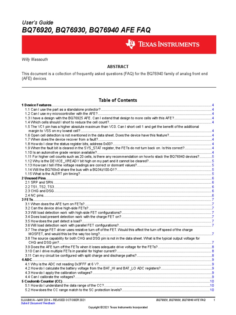 BQ76920, BQ76930, BQ76940 AFE FAQ: User's Guide | PDF | Field Effect ...