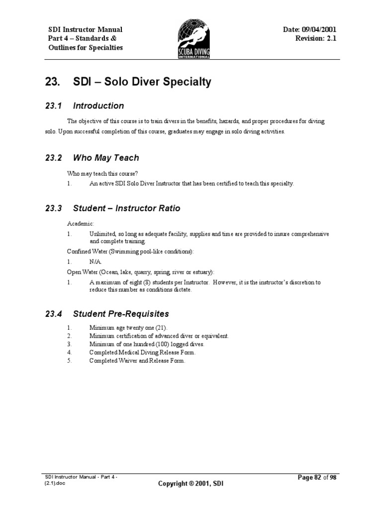 SDI Solo Course | PDF | Scuba Diving | Underwater Diving