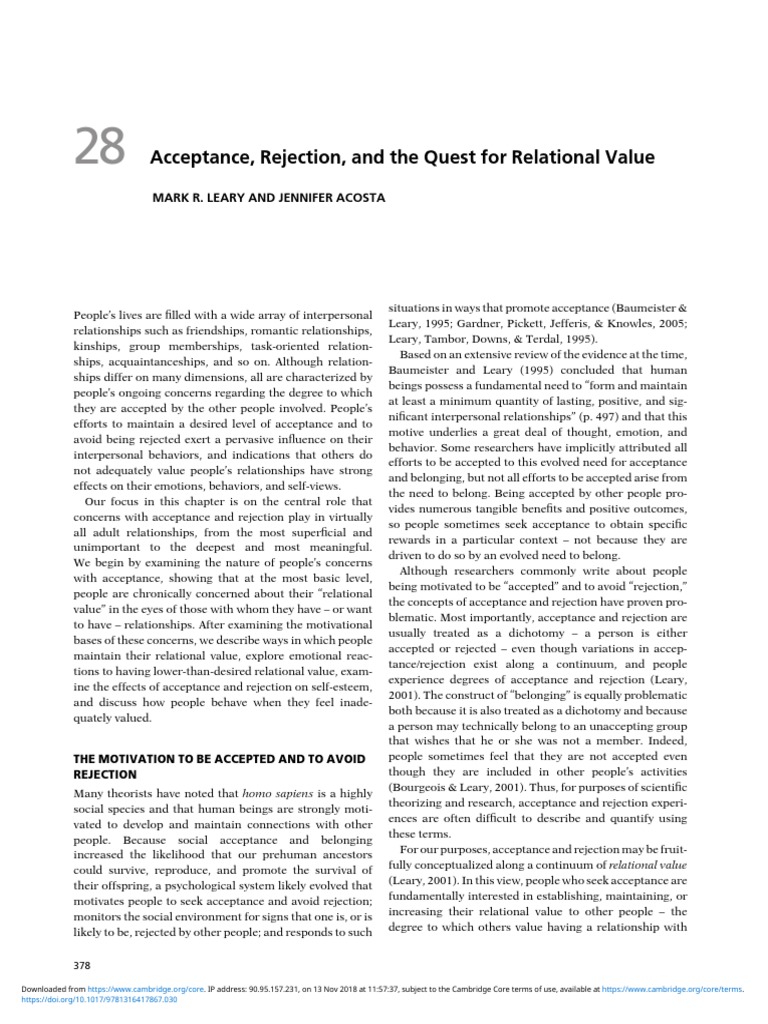 Acceptance, Rejection, and The Quest For Relational Value: Mark R ...