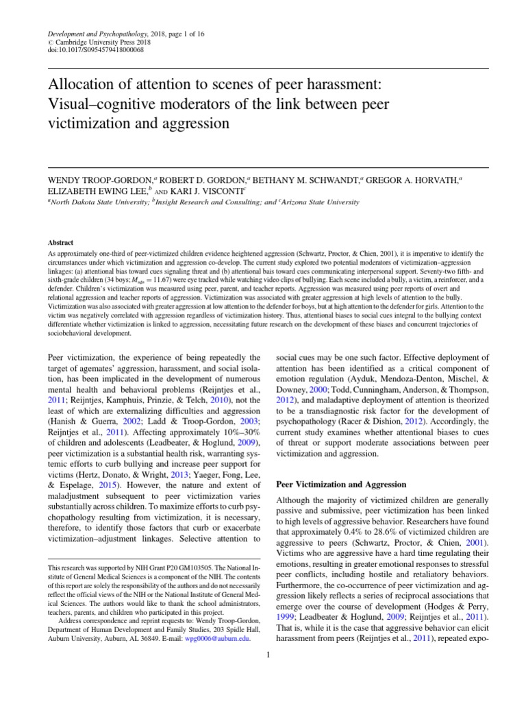Allocation of Attention To Scenes of Peer Harassment Visualcognitive ...