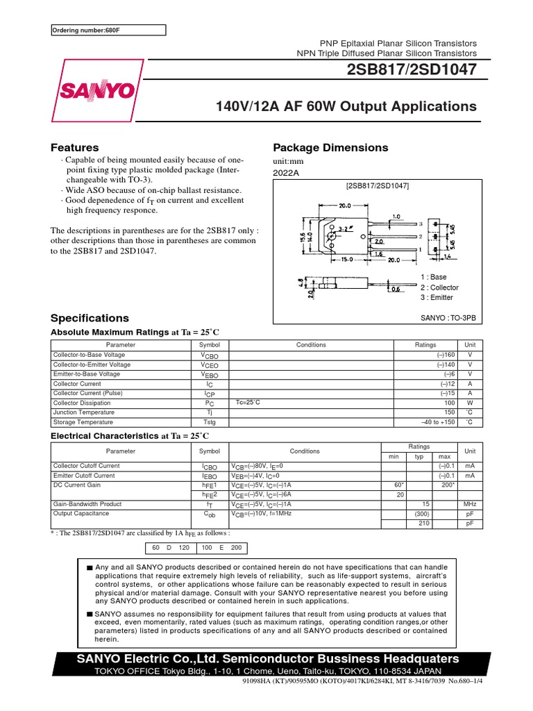 2SB817/2SD1047: 140V/12A AF 60W Output Applications | PDF | Bipolar ...