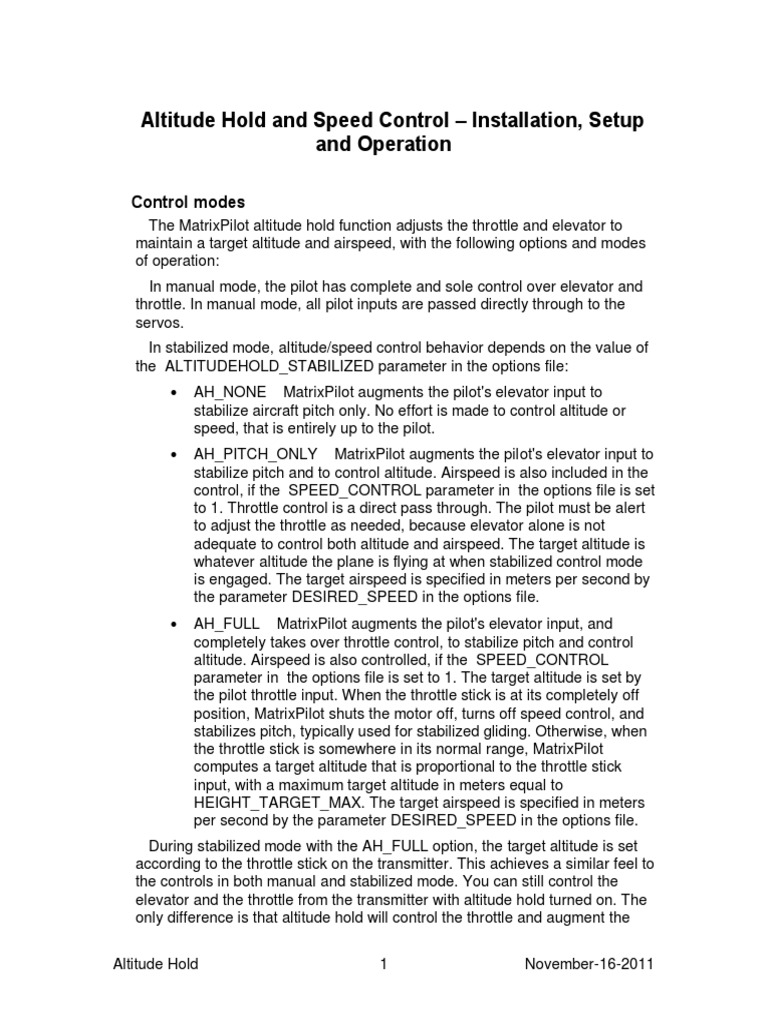 Altitude Hold and Speed Control - Installation, Setup and Operation ...