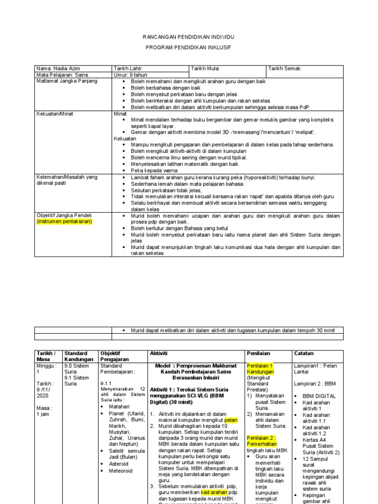Rancangan Pendidikan Individu | PDF