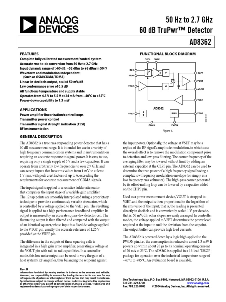 AD8362 50 HZ To 2.7 GHZ 60 DB TruPwr Detector | PDF | Decibel | Amplifier