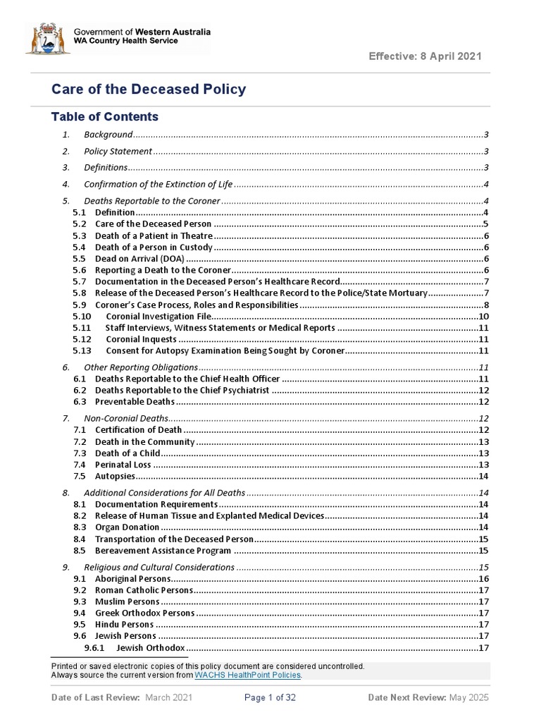 Care of The Deceased Policy TS4KSNFPVEZQ 89 1389 | PDF | Coroner ...