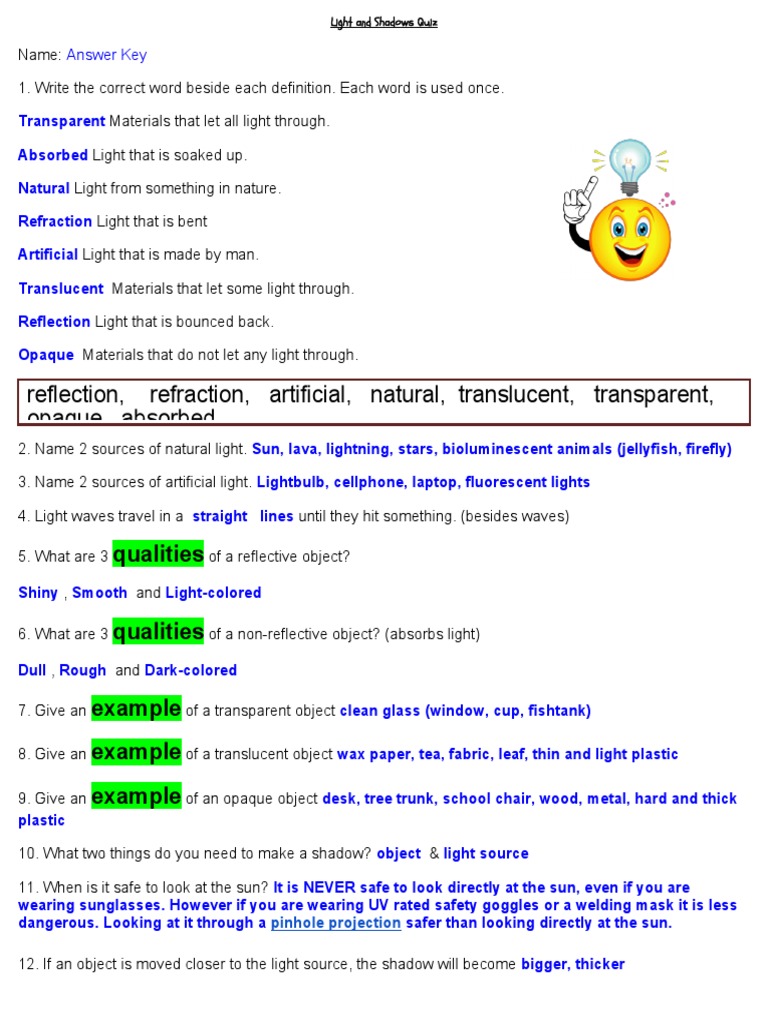 Answer Key Light and Shadows Quiz 2018 | PDF | Color | Shadow