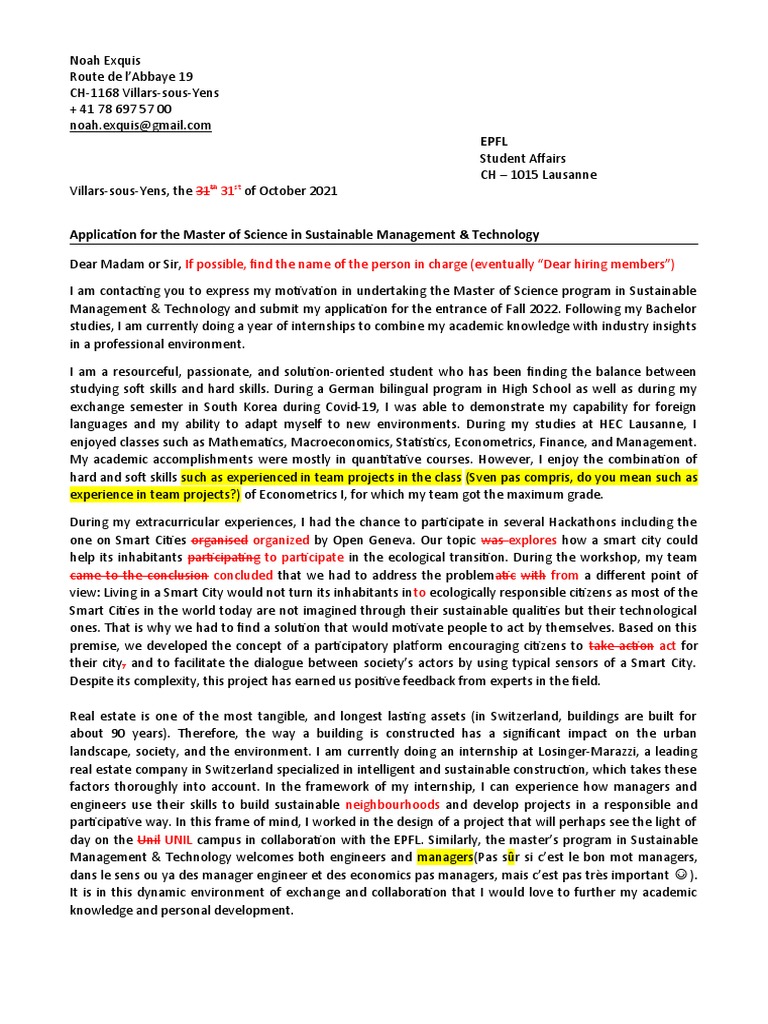 EPFL Master's Application: Sustainable Tech | PDF | Sustainability