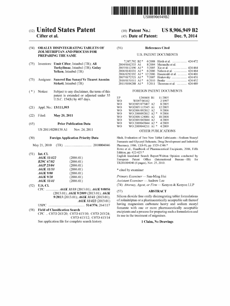 Zolmitriptan ODT Sublingual PAtent | PDF | Tablet (Pharmacy ...