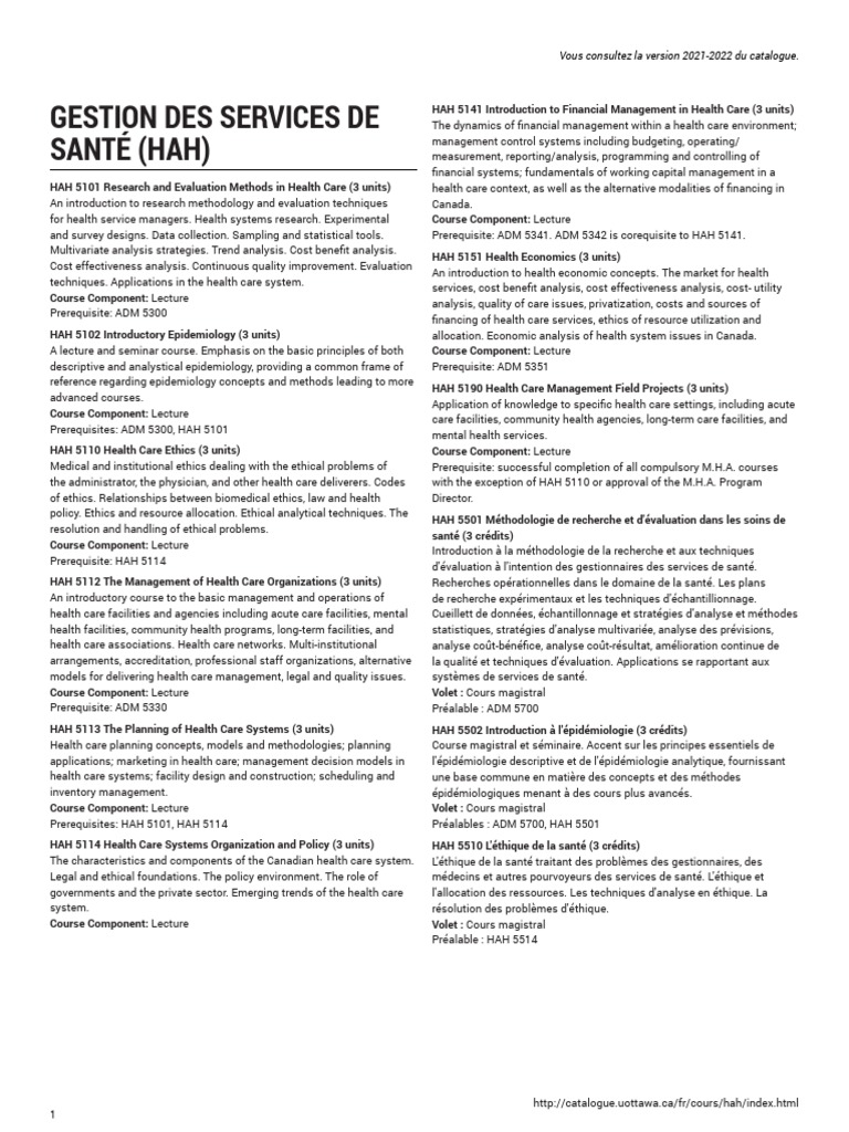 Gestion Des Services de Santé (Hah) : Vous Consultez La Version 2021-2022 Du Catalogue | PDF ...