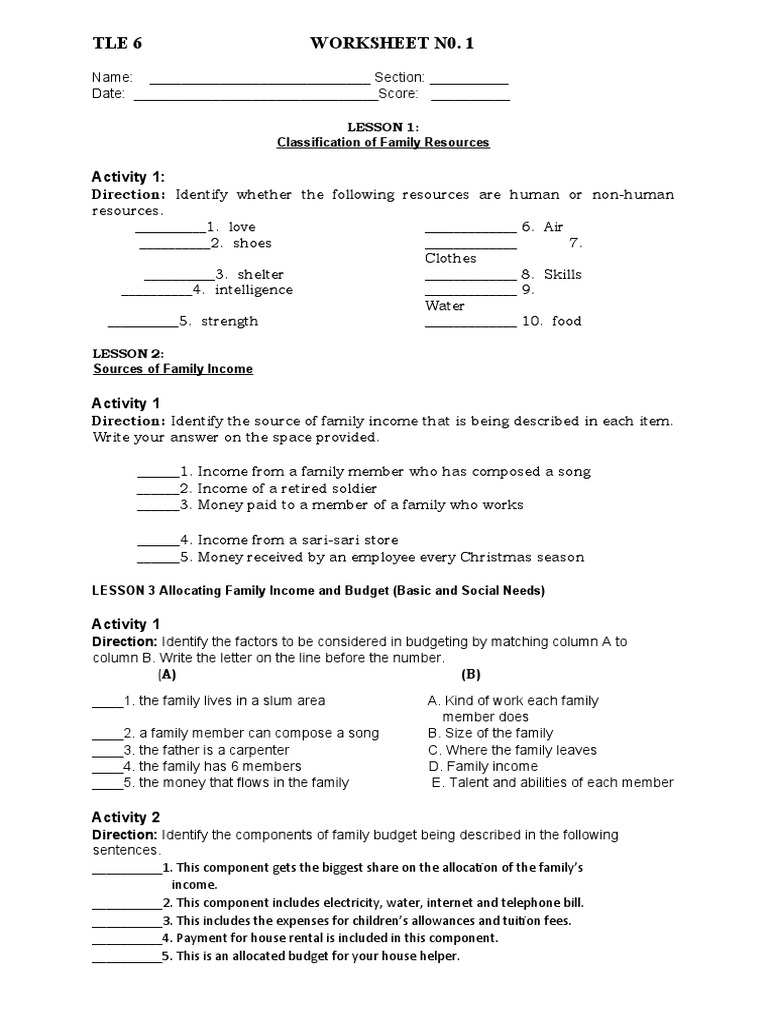 Family Resources and Income Worksheet | PDF | Income | Economies