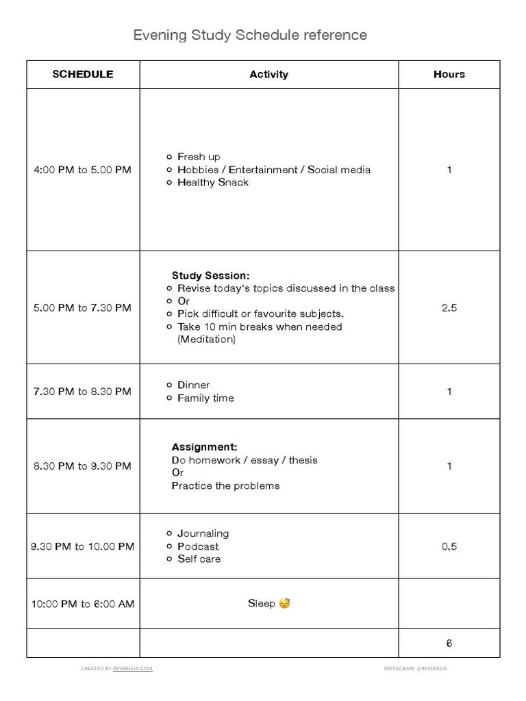 Evening Study Session Plan 7:30-9:30 PM | PDF