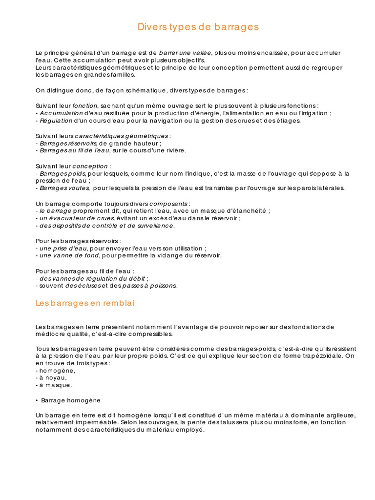 Types de Barrages et Leur Fonctionnement | PDF | Barrage | Lac de barrage