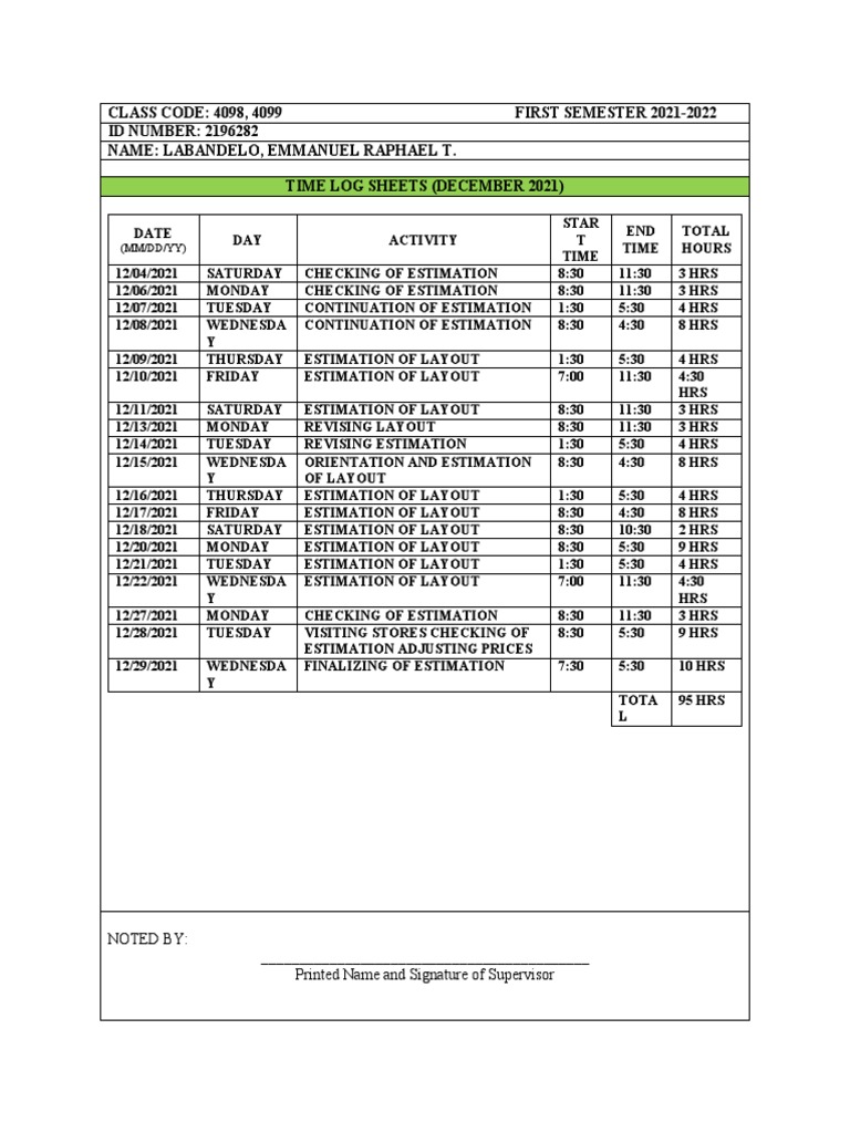Monthly Time Log Sheets Format | PDF