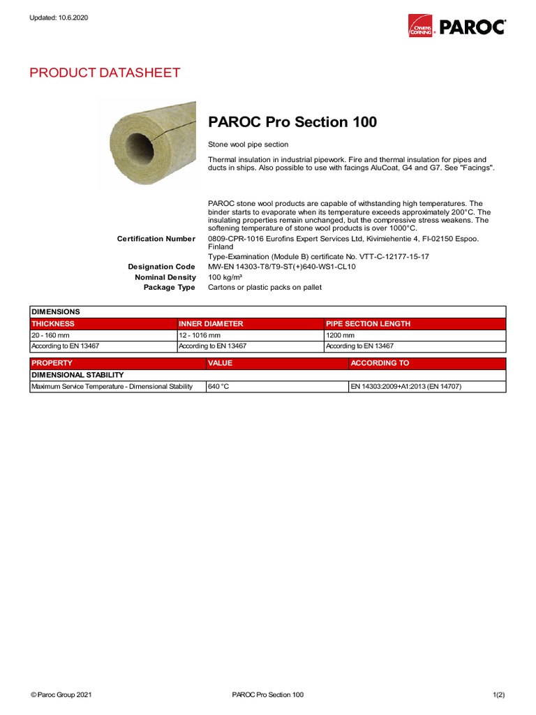 PAROC Pro Section 100: Product Datasheet | PDF | Thermal Insulation ...