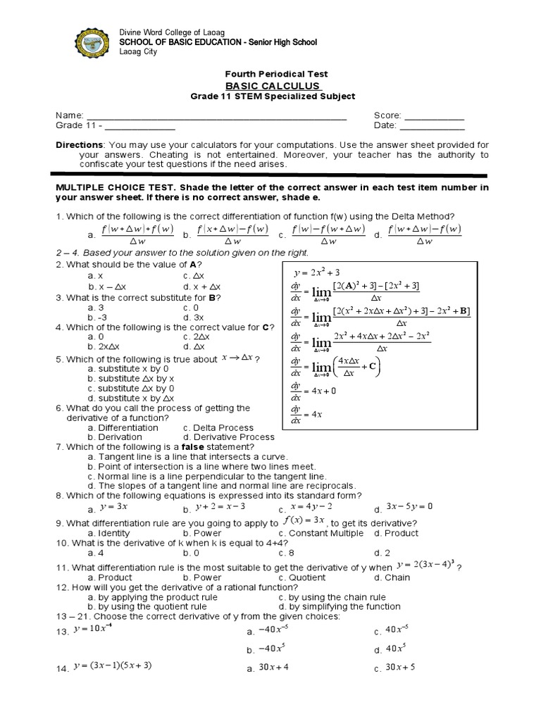 Fourth Periodical Test Bacis Calculus TEST QUESTION | PDF | Tangent ...