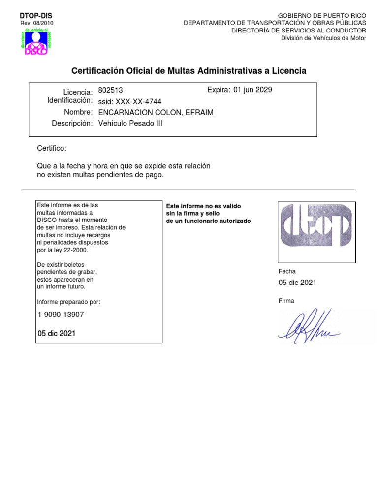 Certificación Oficial de Multas Administrativas A Licencia: Dtop-Dis | PDF