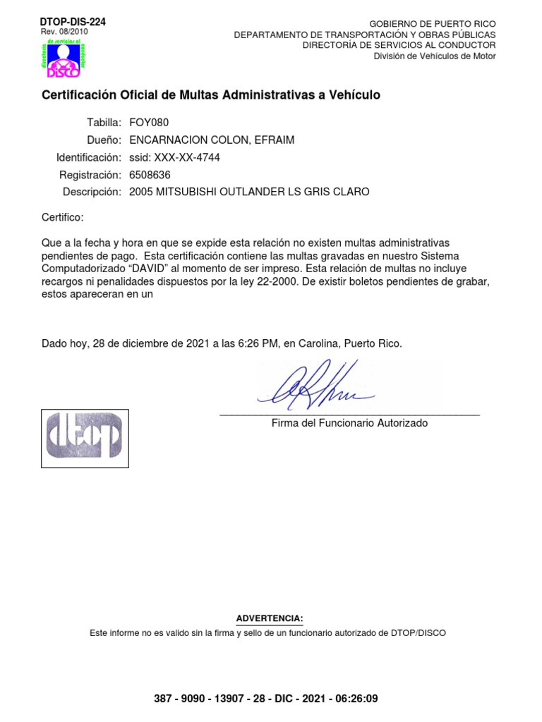 Certificación Oficial de Multas Administrativas A Vehículo: DTOP-DIS ...