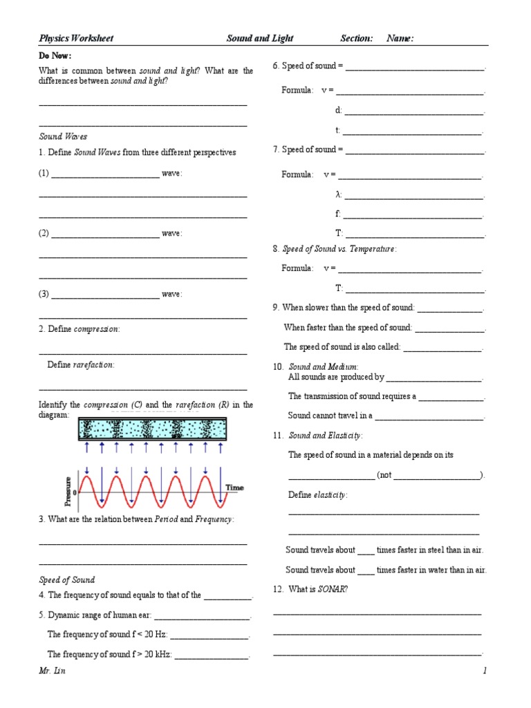 Physics Worksheet Lesson 23 Sound and Light | PDF | Sound | Light