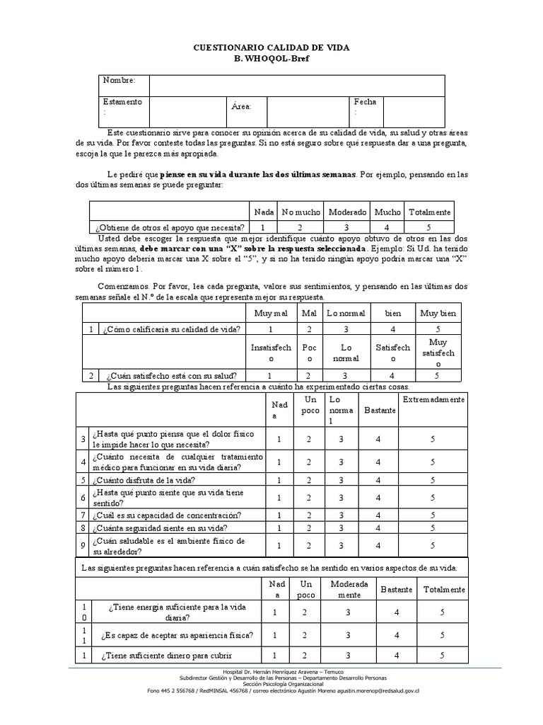 Cuestionario Calidad de Vida B. WHOQOL-Bref | PDF | Cuestionario | Cognición