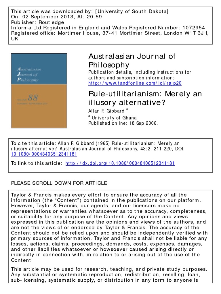 Allan F. Gibbard - Rule-Utilitarianism - Merely An Illusory Alternative ...