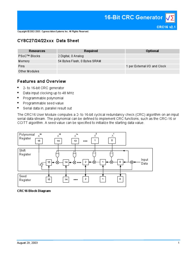 16-Bit CRC Generator: CY8C27/24/22xxx Data Sheet | PDF