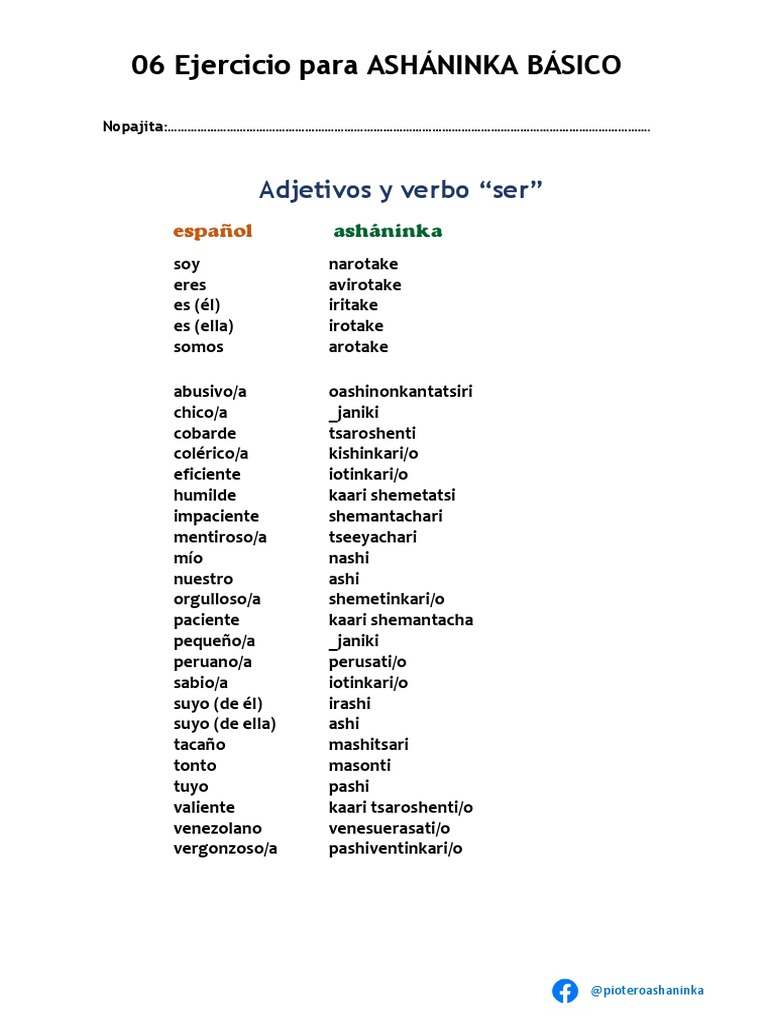 Adjetivos y Verbo "Ser" en Asháninka | PDF | Estudios de idiomas ...