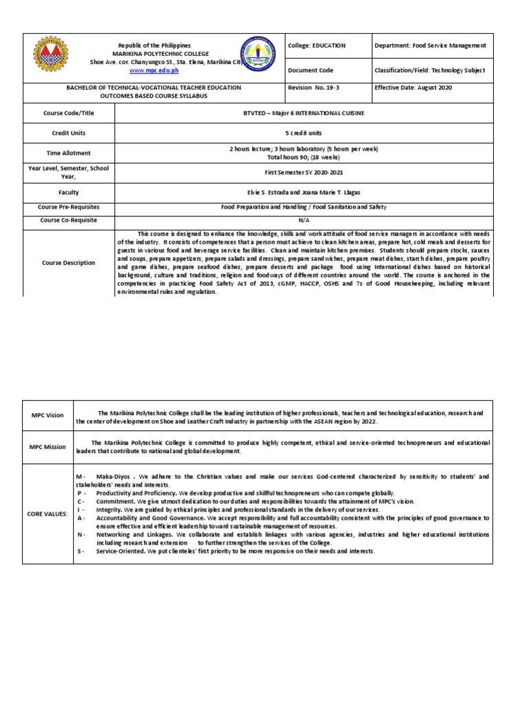 International Cuisine Syllabus August 2020 | PDF | Foods | Vocational ...