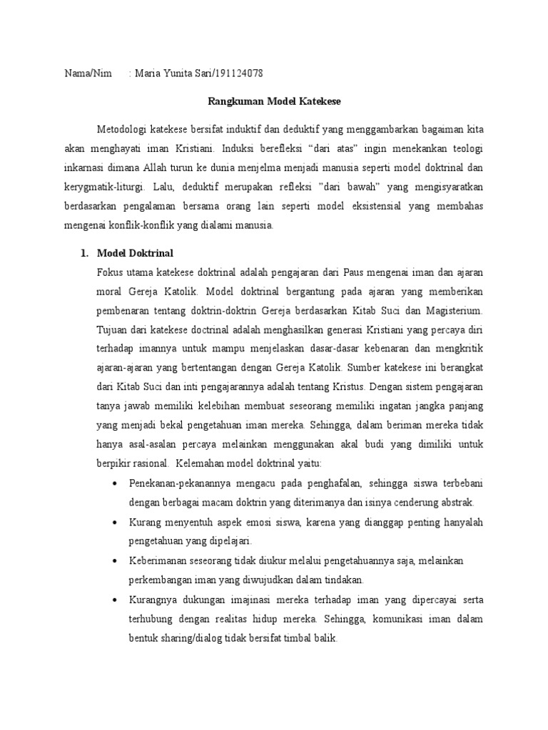 Maria Yunita Sari UTS Desain Dan Metodologi PAK (Rangkuman Model Katekese) | PDF