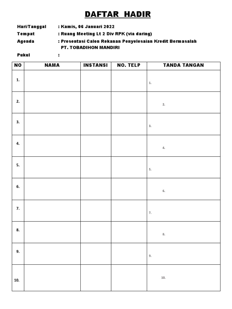 Daftar Hadir Rapat PT - Tobadihon Mandiri | PDF
