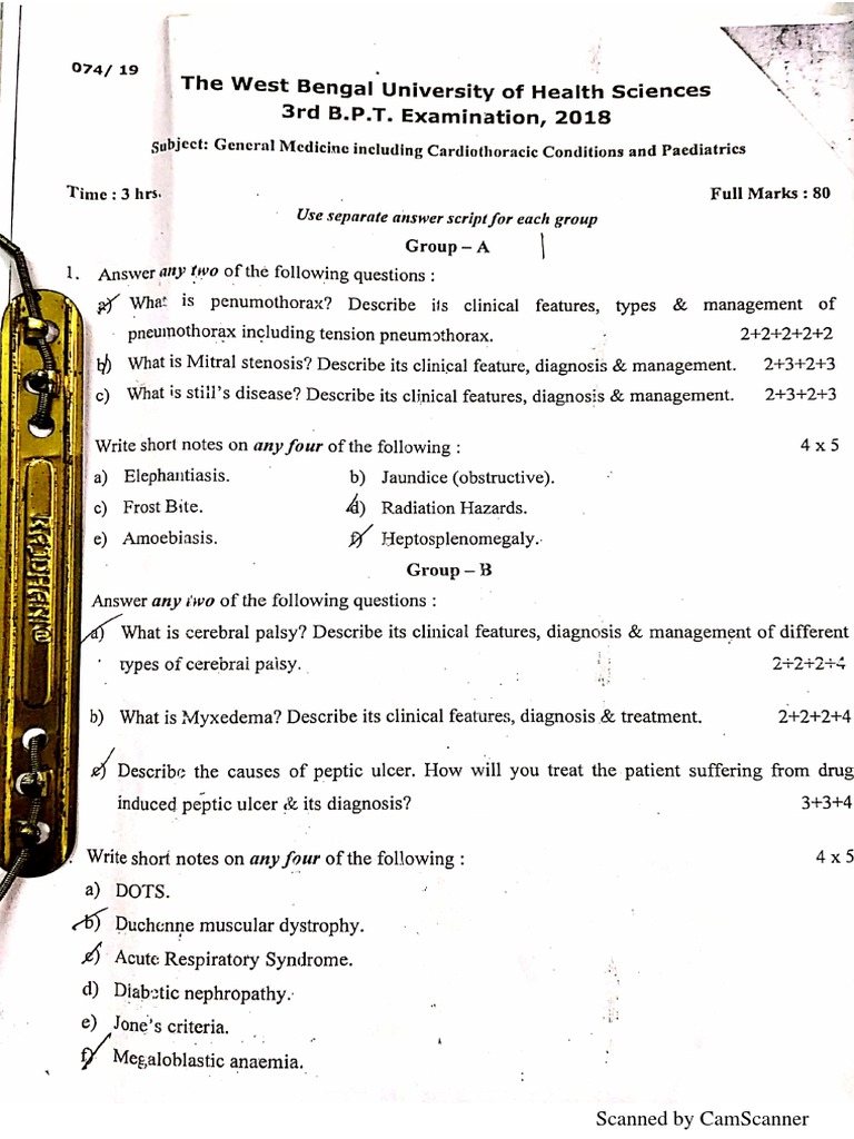 3rd Yr MEDICINE BPT WBUHS Question Papers | PDF