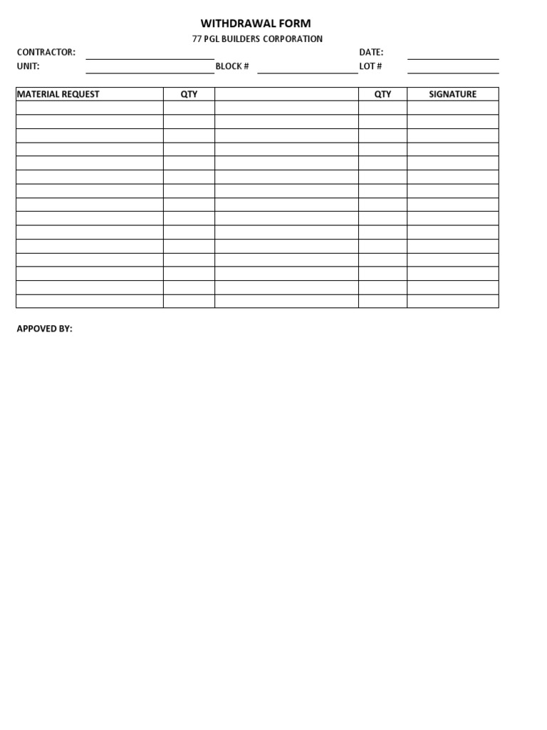 Withdrawal Form: Material Request QTY QTY Signature | PDF